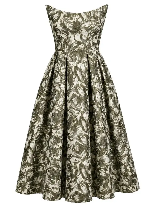 SARVIN Tala Corset Midi Dress In Gold Floral Jacquard - Yellow