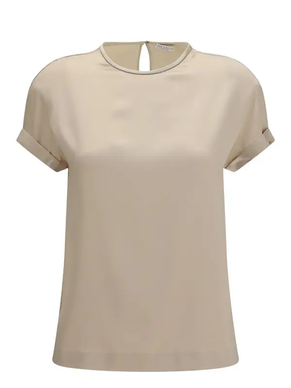 Brunello Cucinelli Silk Blouse With Monili Chain - Beige