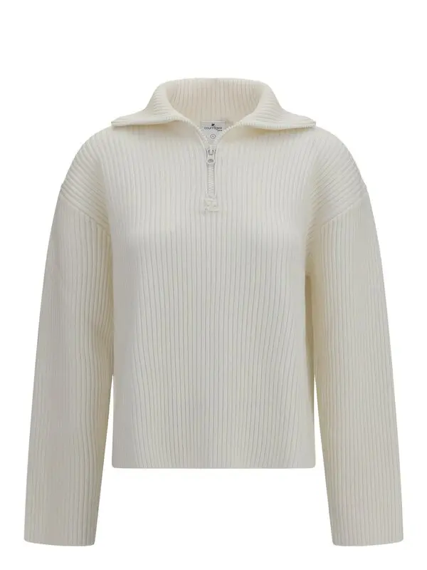 COURREGES Ribbed Merino Wool Zip Sweater - White