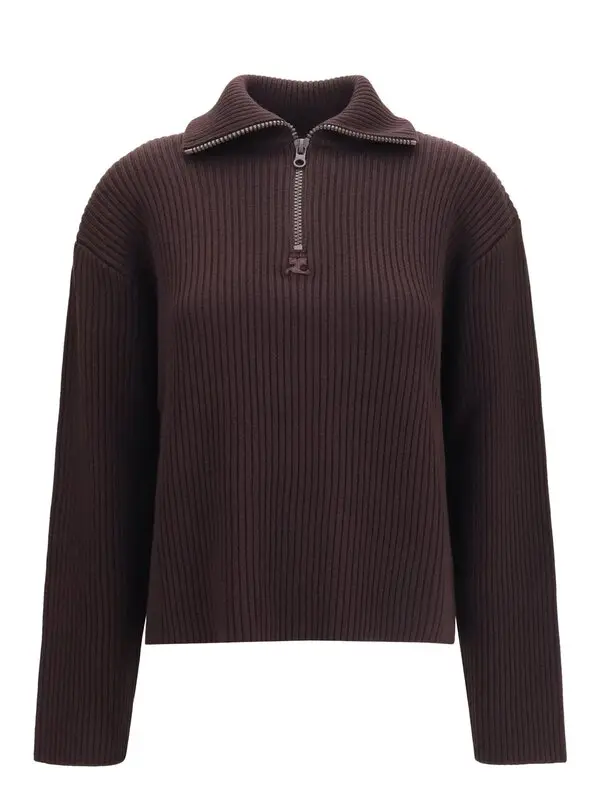 COURREGES Ribbed Merino Wool Zip Sweater - Brown