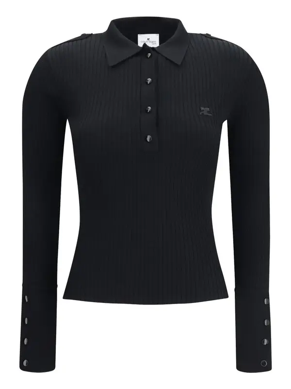 COURREGES Ribbed Knit Polo Shirt With Buttoned Details - Black