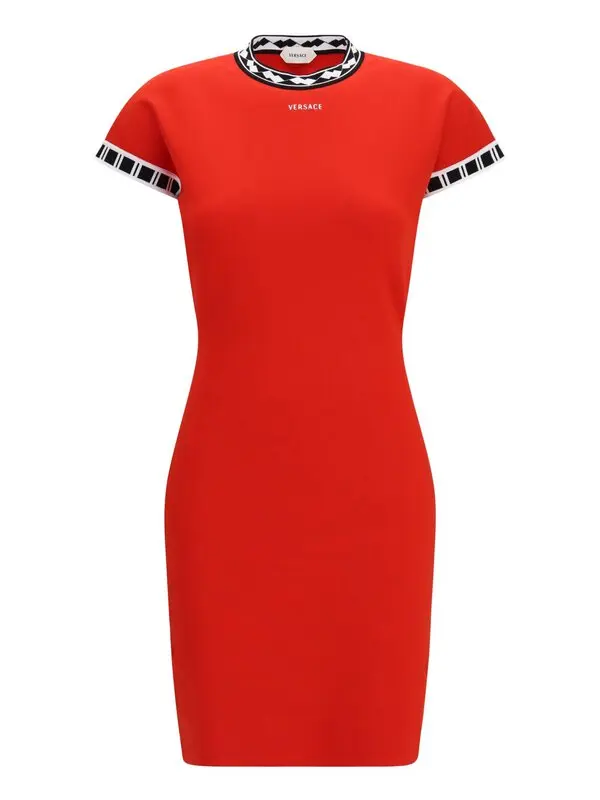 Versace Cotton Knit Mini Dress With Geometric Jacquard Trim - Red