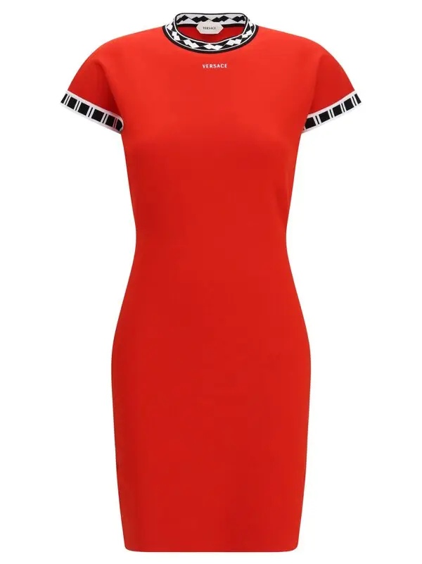 Versace Cotton Knit Mini Dress With Geometric Jacquard Trim - Red