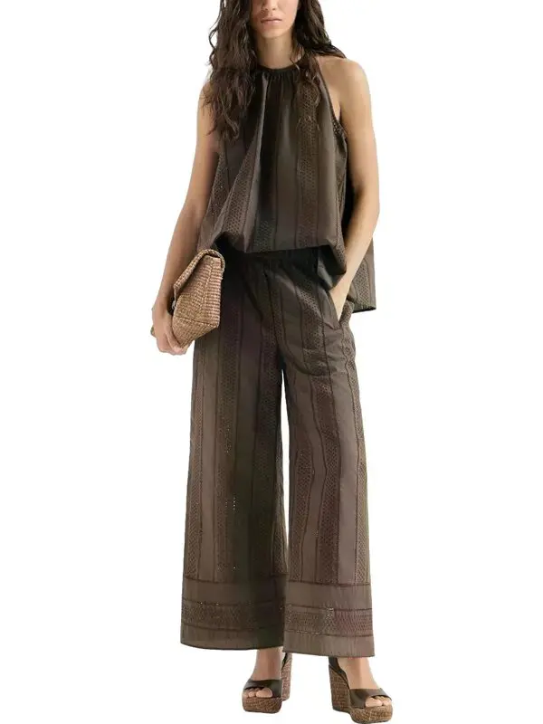 Brunello Cucinelli Techno Cotton Poplin Broderie Anglaise Top With Monili - Brown
