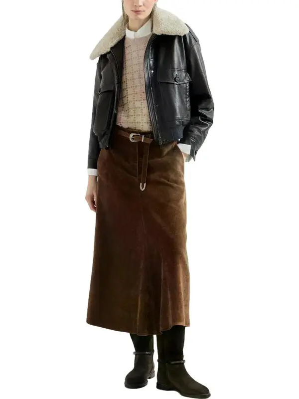 Brunello Cucinelli Fluid Corduroy Flute Skirt With Monili - Brown