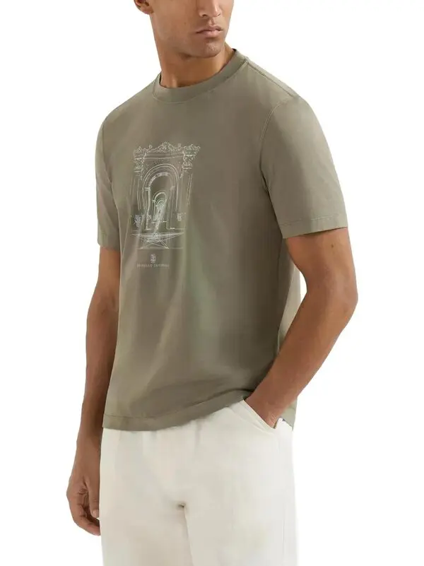 Brunello Cucinelli Cotton Jersey Crew Neck T-shirt With Print - Green