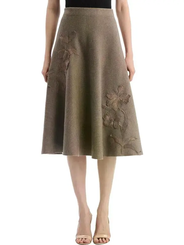 Oscar De La Renta Hibiscus Embroidered Knit Skirt - Brown