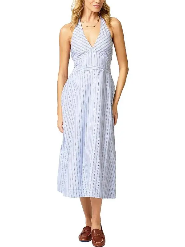 Central Park West Poplin Stripe Halter Dress - Light Blue