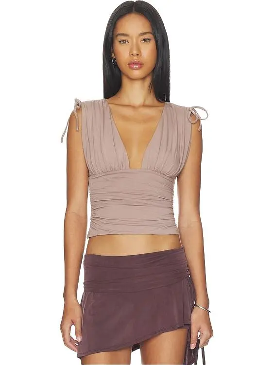 TIGER MIST Halona Ruched Top With Adjustable Shoulder Ties - Mocha