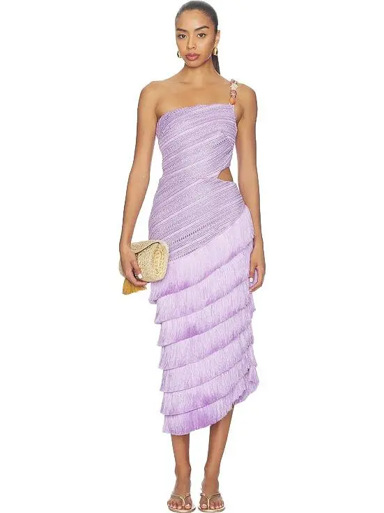 PatBO One-shoulder Tiered Fringe Midi Dress With Cut-out Detail - Lilac