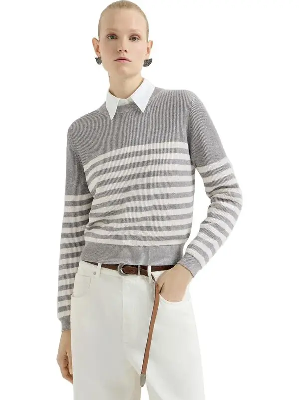 Brunello Cucinelli Cotton Sparkling Yarn Striped Sweater - Silver