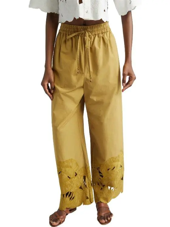 Zimmermann Embroidered Cotton Wide-leg Ankle Pants - Moss