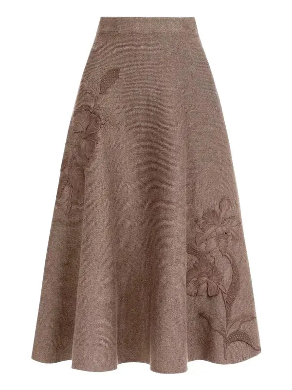 Oscar De La Renta Hibiscus Embroidered Knit Skirt - Brown