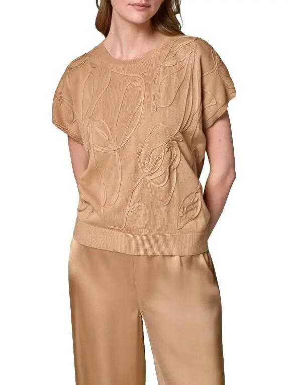 Donna Karan New York Embroidered Short Sleeve Sweater - Fawn