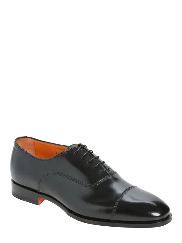 Santoni Burnished Calfskin Leather Lace-up Cap Toe Oxford - Black