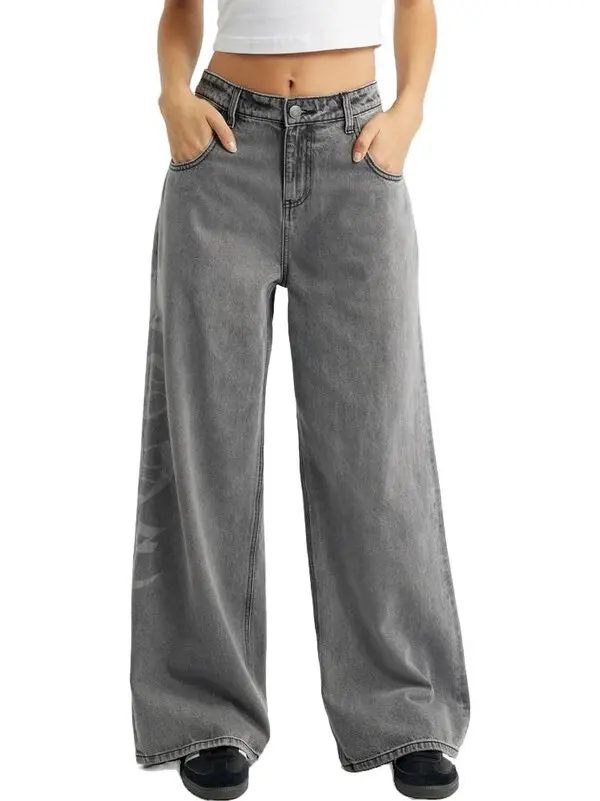 YMI Love Print Relaxed Superwide Leg Jeans - Grey