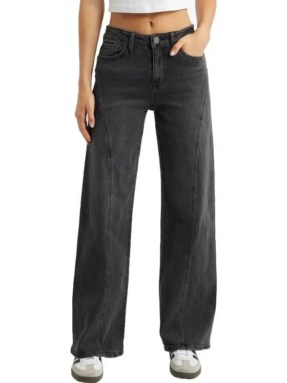 YMI Bella Seam Detail Wide Leg Jeans - Washed Black
