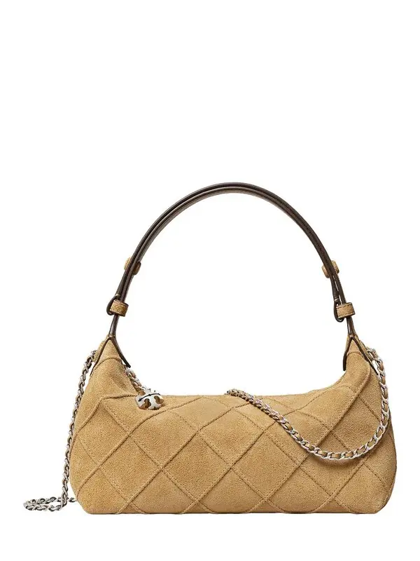 Tory Burch Fleming Quilted Suede Shoulder Bag - Stone