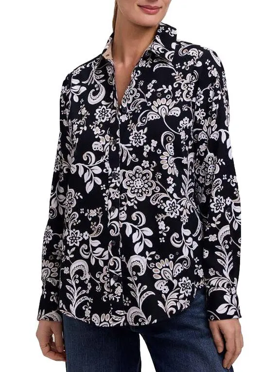 Foxcroft Margie Daisy Cotton Button-up Shirt - Black/multi