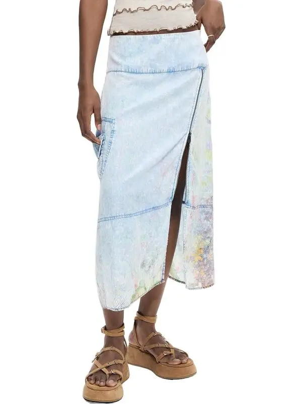 Desigual Graphic Print Straight Midi Denim Skirt - Light Blue