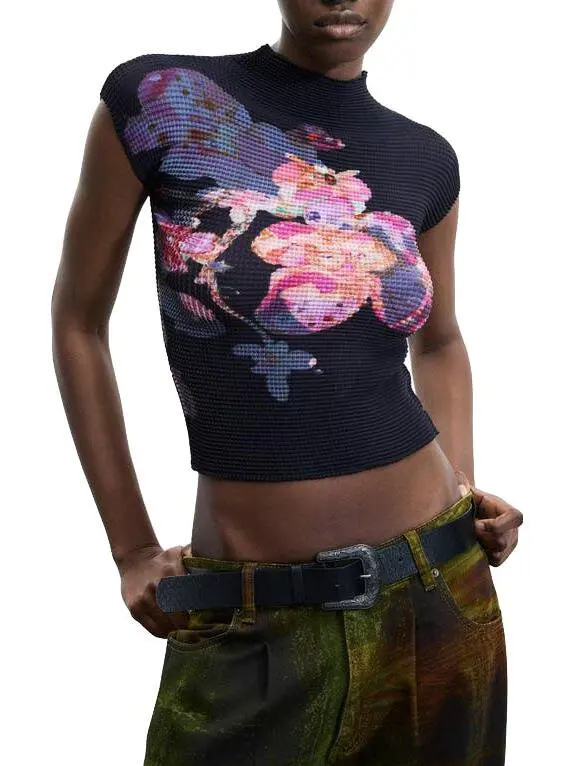 Desigual Floral Waffle Knit Mock Neck Top - Black