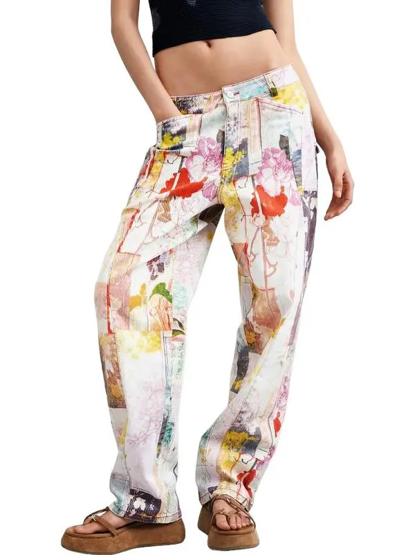 Desigual Mixed Print Stretch Cotton Denim Pants - Orange Multi