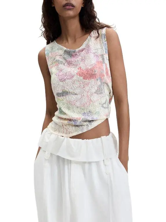 Desigual Sleeveless Floral Texture T-shirt - Ivory Multi