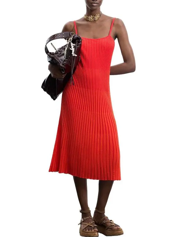 Desigual Rib Knit Spaghetti Strap Midi Dress - Red