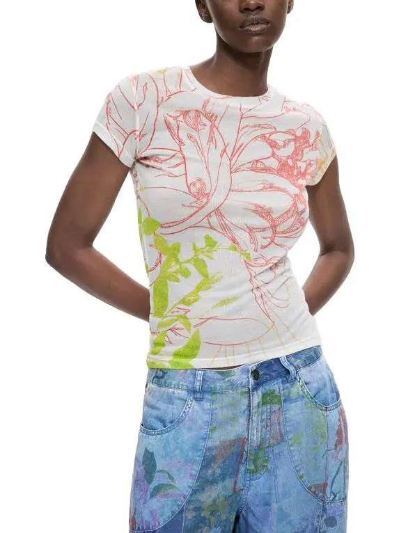 Desigual Floral Print Ribbed Modal T-shirt - Multi