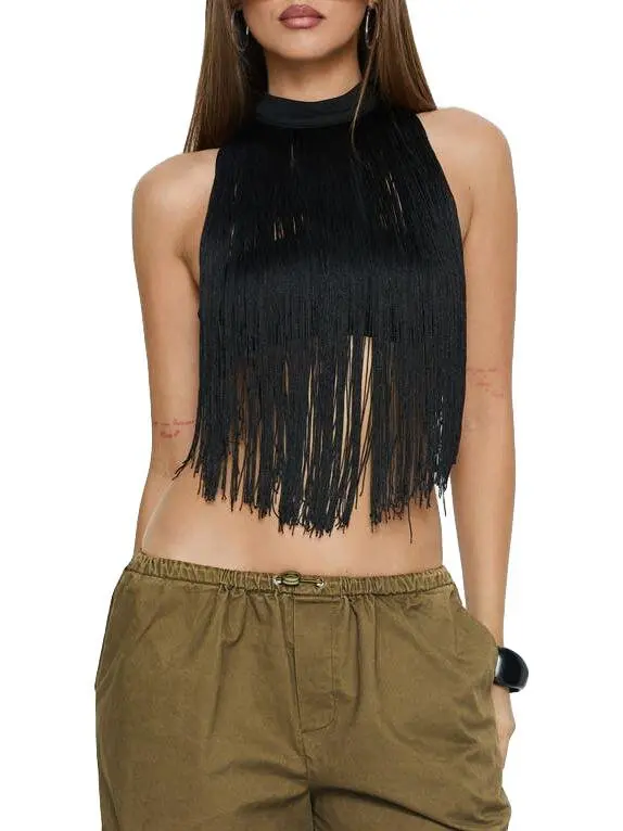 Princess Polly Zephyrine Fringe Halter Neck Bralette - Black