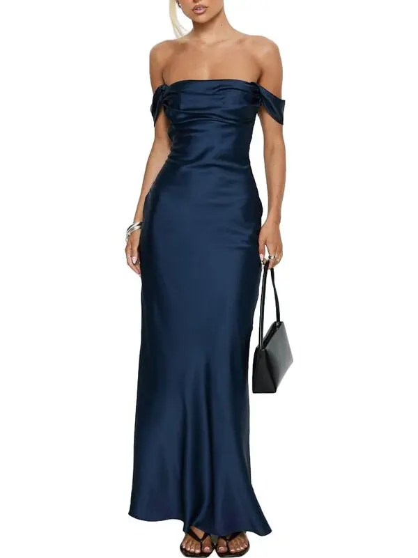 Princess Polly Azura Off-the-shoulder Satin Gown - Navy