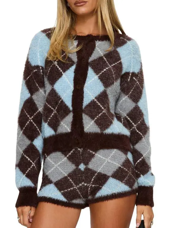 Princess Polly Kenlea Argyle Cardigan - Blue Argyle