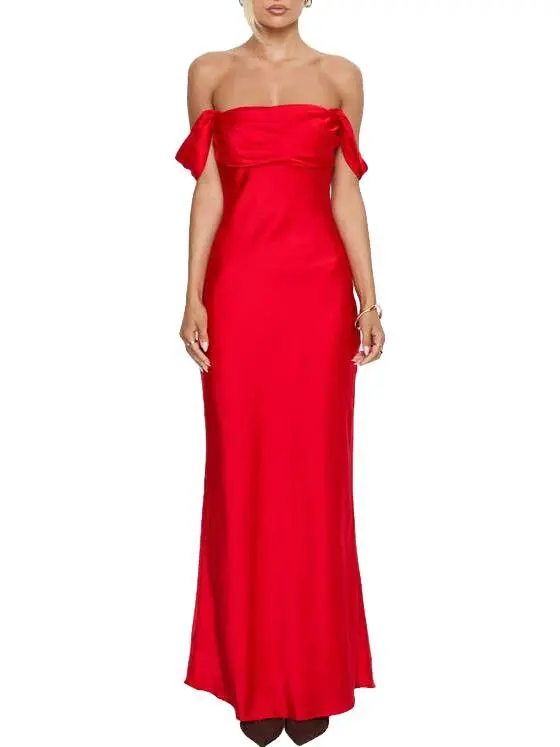 Princess Polly Azura Off-the-shoulder Satin Gown - Red