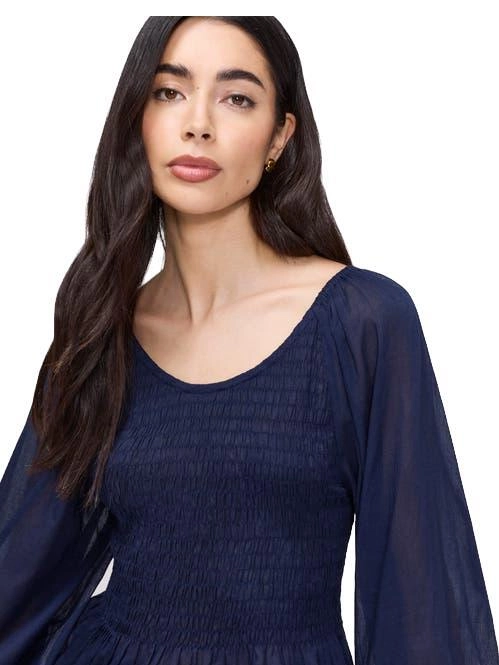 FINERY LONDON Jennie Shirred Long Sleeve Cotton Top - Navy