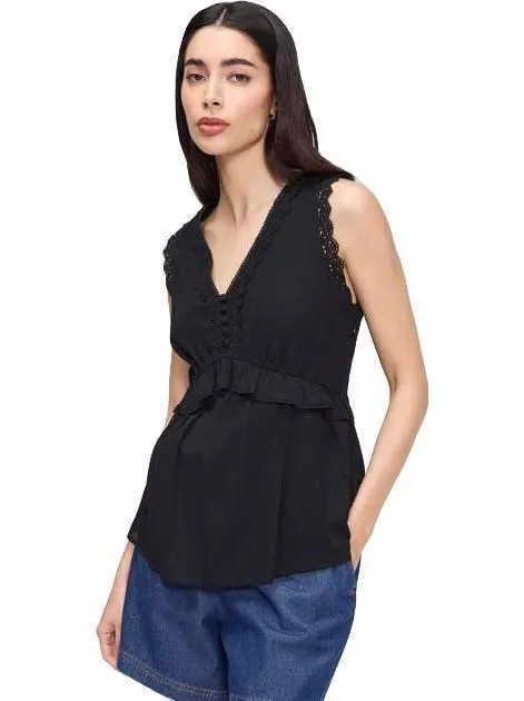 FINERY LONDON Cyma Sleeveless Lace Trimmed Cotton Voile Blouse - Black