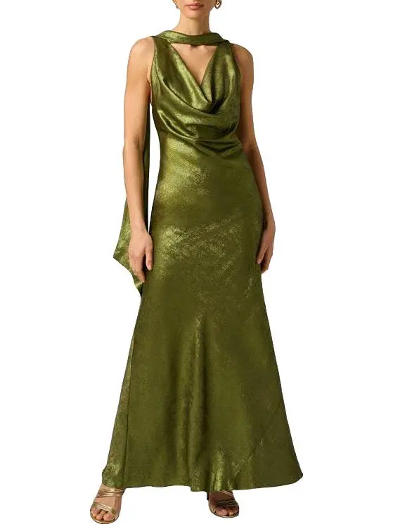 Adrianna Papell Sleeveless Gown With Cowl Neck And Draped Back - Dark Olive