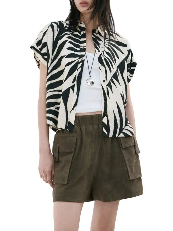 Mango Printed Button-up Shirt With Rolled Cuffs - Ecru