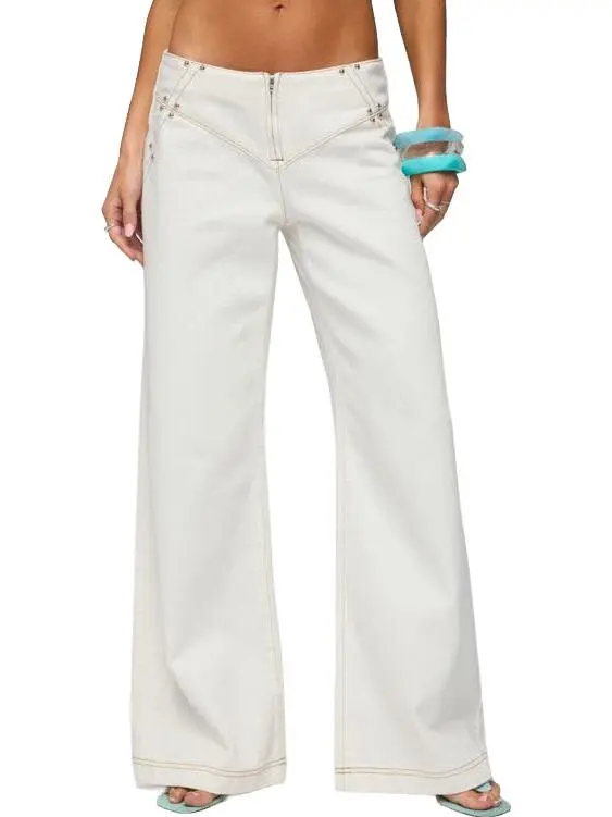 EDIKTED Kianni Studded Low Rise Wide Leg Jeans - White