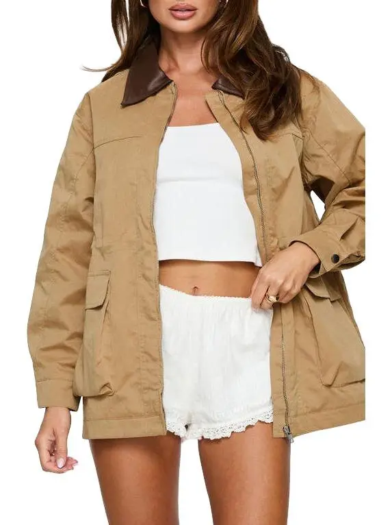 Princess Polly Philette Oversized Utility Jacket With Faux Leather Collar - Camel