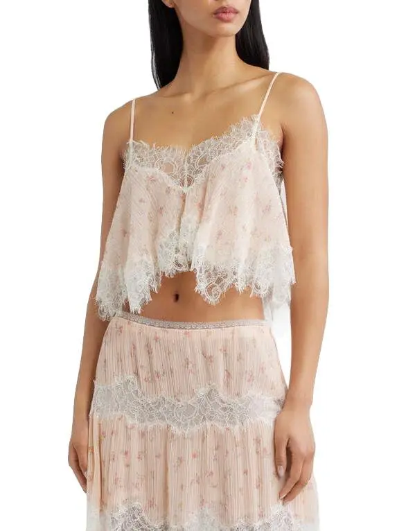 LoveShackFancy Elysia Cropped Silk Top With Eyelash Lace Trim - Sweet Nectar
