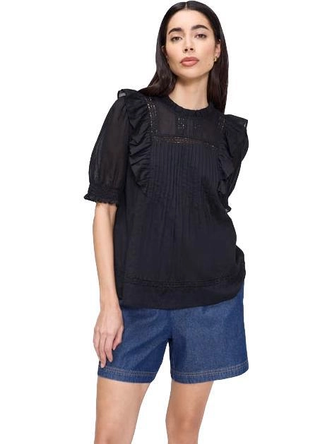 FINERY LONDON Jolin Puff Sleeve Cotton Top With Lace And Frill Neck - Black