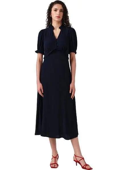 GHOST LONDON Jolene V-neck Frill Collar Midi Dress - Navy