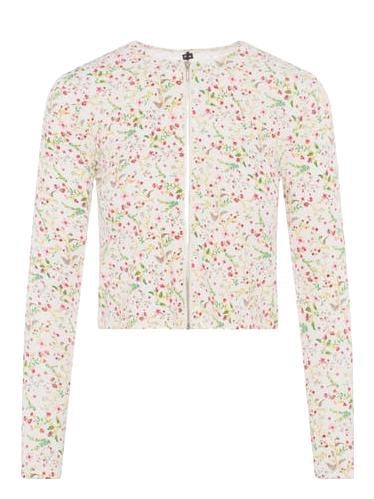 RIFF Floral Print Zip-up Long Sleeve Top - White