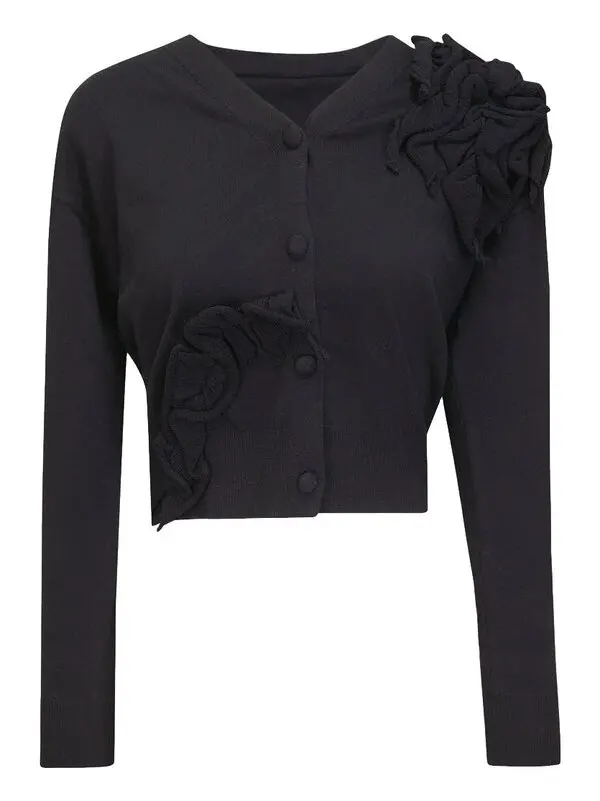 MILAN ITALY Cropped Floral Applique Button Front Knit Cardigan - Black