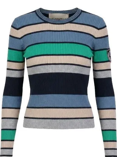 HASHTAG Multi Stripe Embroidered Sleeve Lightweight Knit Sweater - Navy/multi