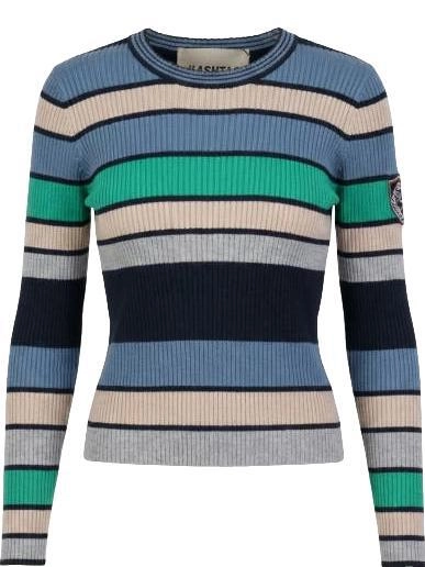 HASHTAG Multi Stripe Embroidered Sleeve Lightweight Knit Sweater - Navy/multi
