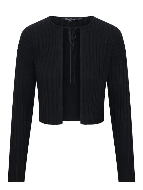 MIUMAX Cropped Tie Front Open Knit Cardigan - Black