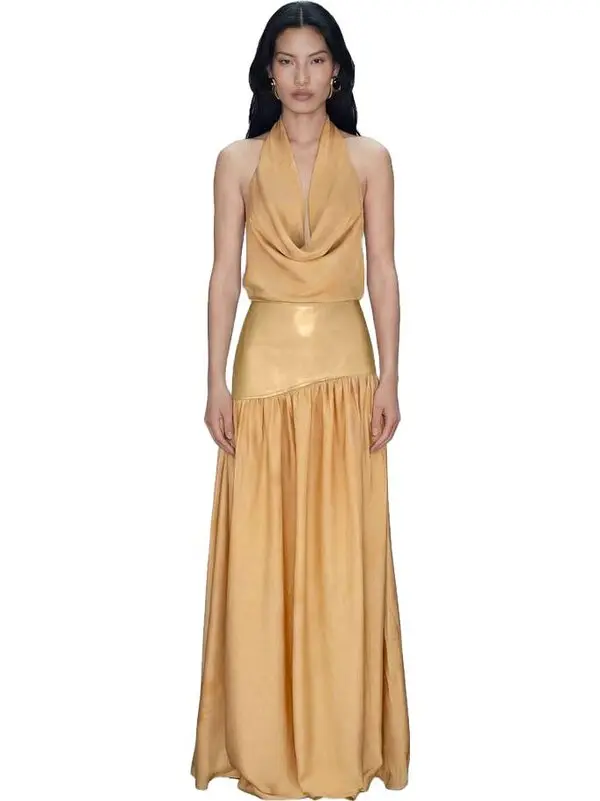 ATOIR Draped Cowl Halter Neck Maxi Dress With Leather Paneling - Golden Sands