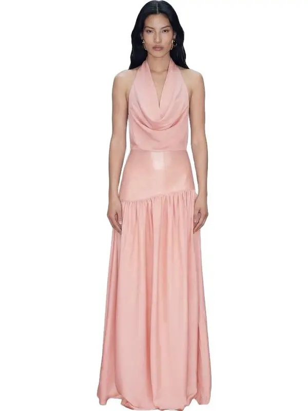 ATOIR Draped Cowl Halter Neck Maxi Dress With Leather Paneling - Pastel Pink
