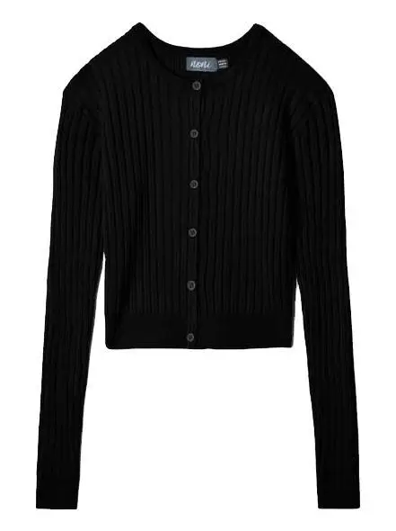 NONI Wide Rib Button Front Knit Cardigan Sweater - Black